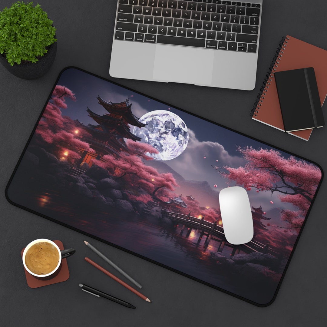 Enchanted Cherry Blossom Full Moon Desk Mat , Cottagecore Art Decor, 3 ...