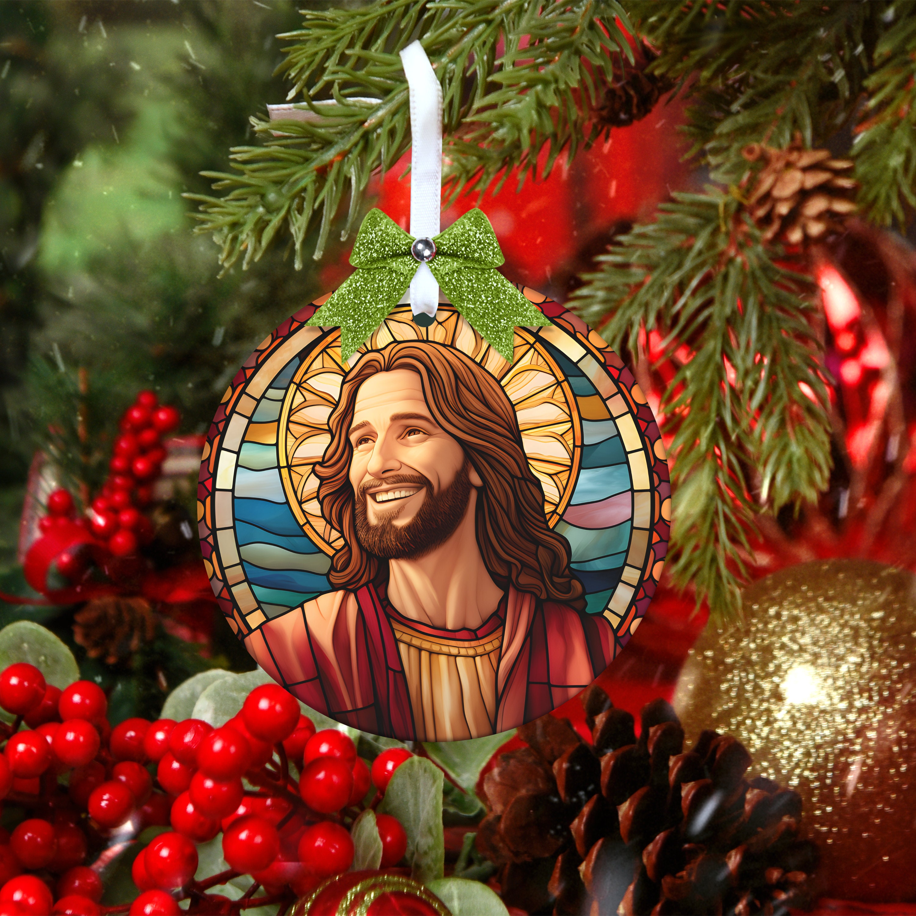 Stained Glass Jesus Christ Design Ornament, Christmas Ornament Round ...