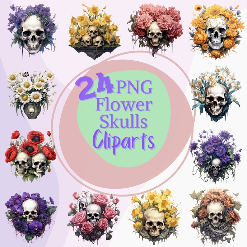 Flower Skull Clipart Bundle PNG Digital Download Floral Skull Art Boho ...
