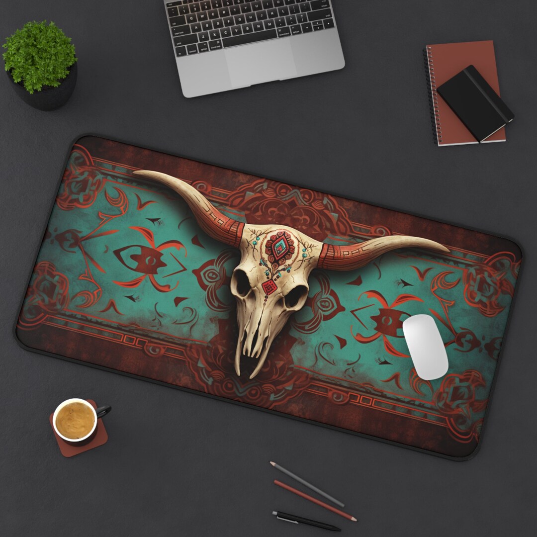Bull Skull Aztec Inspired Desk Mat ,southwestern Desk Mat, Bull Skull ...