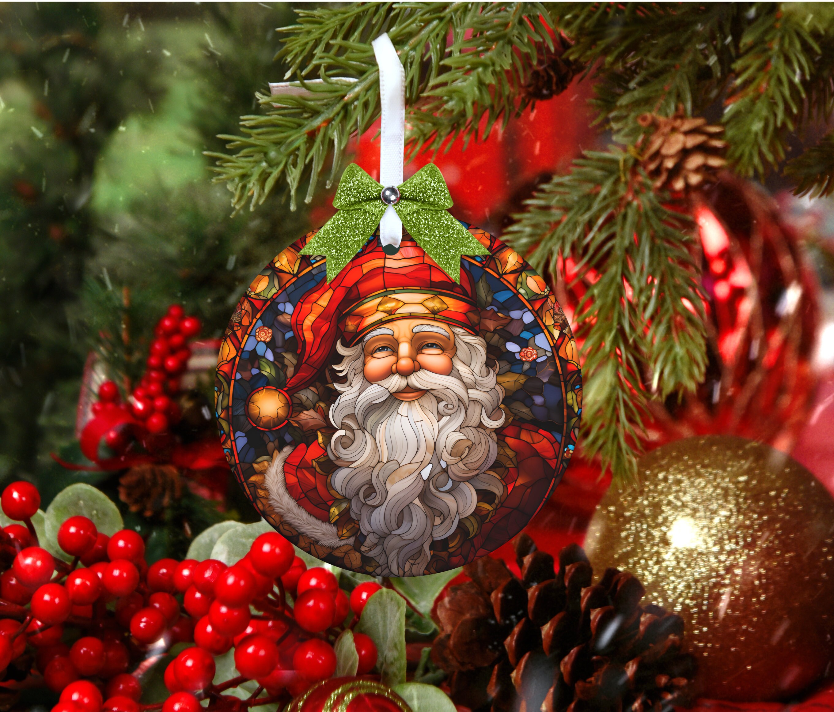 Stained Glass Santa Claus Christmas Ornament Design, Father Christmas ...