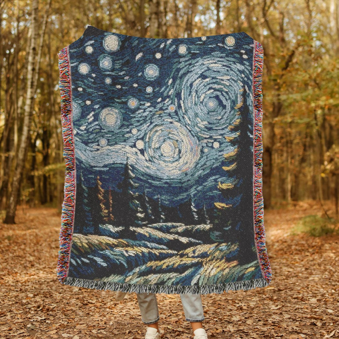 Whimsical Night Sky Forest Woven Blanket, Night Stars Fantasy Throw ...