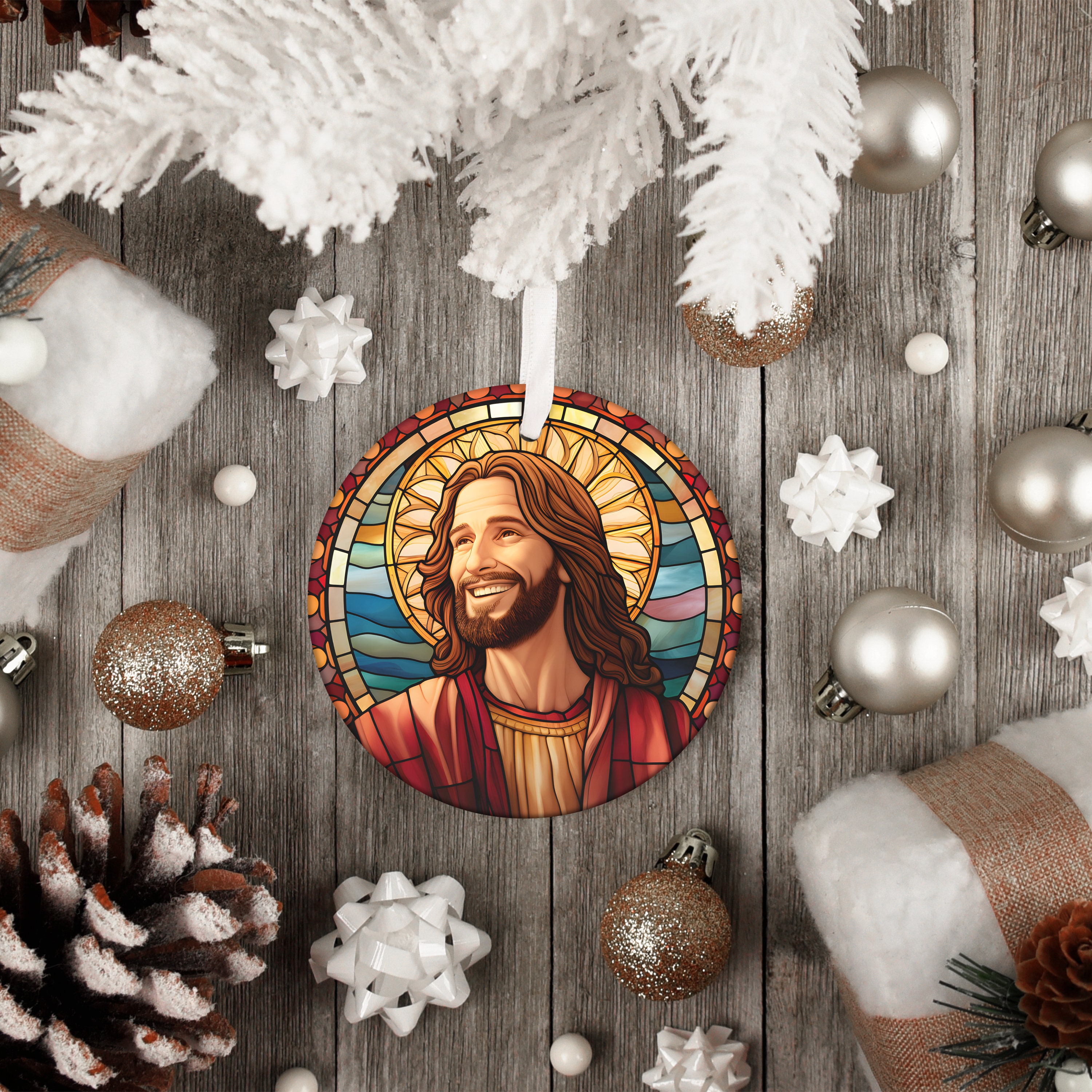 Stained Glass Jesus Christ Design Ornament, Christmas Ornament Round ...