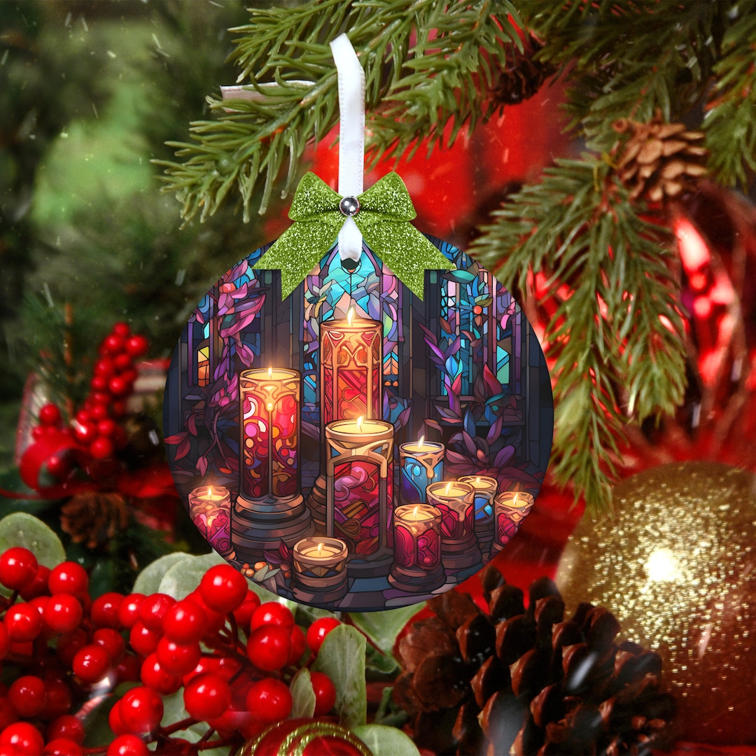 Stained Glass Candle Design Ornament, Christmas Ornament Flat Shaped ...
