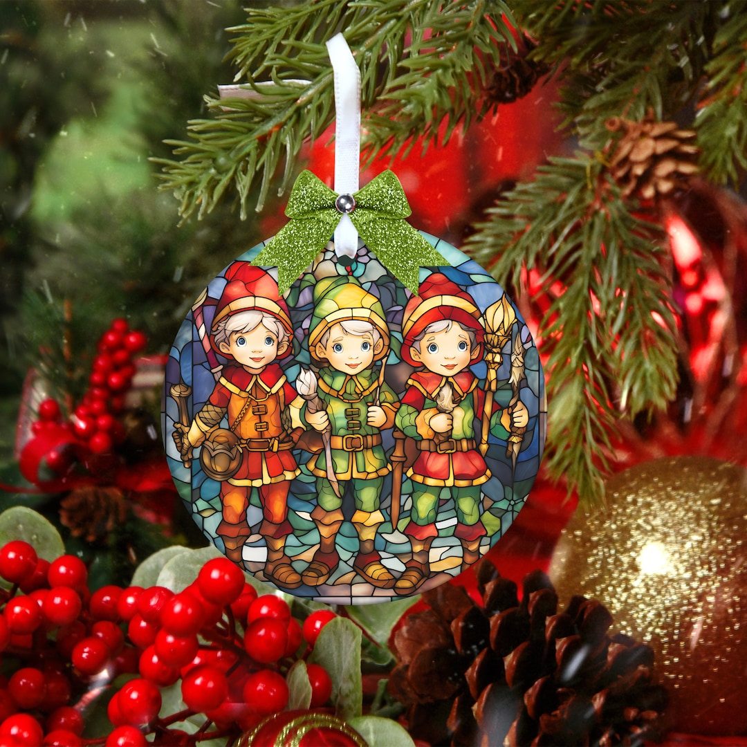 Stained Glass Christmas Elves Design Ornament, Christmas Ornament Round ...