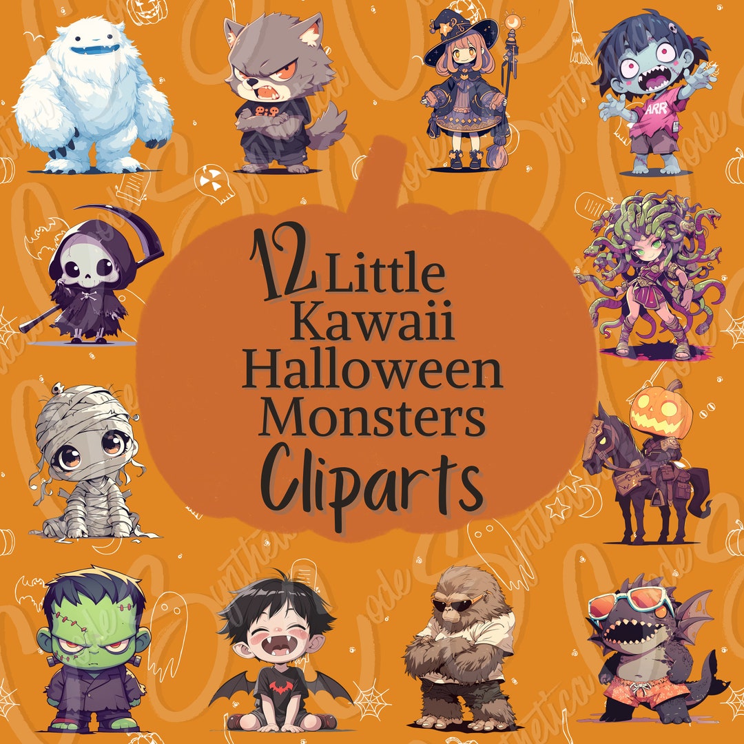 12 Cute Kawaii Halloween Monsters Clipart Digital Download Halloween ...