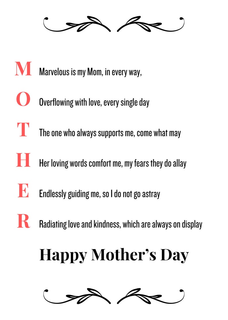Acrostic Mother's Day Poem for Mom Digital Download Printable, Mother's ...