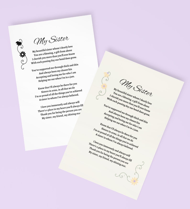 Sister Poem Card, Heartfelt Gift (digital Download) - Etsy