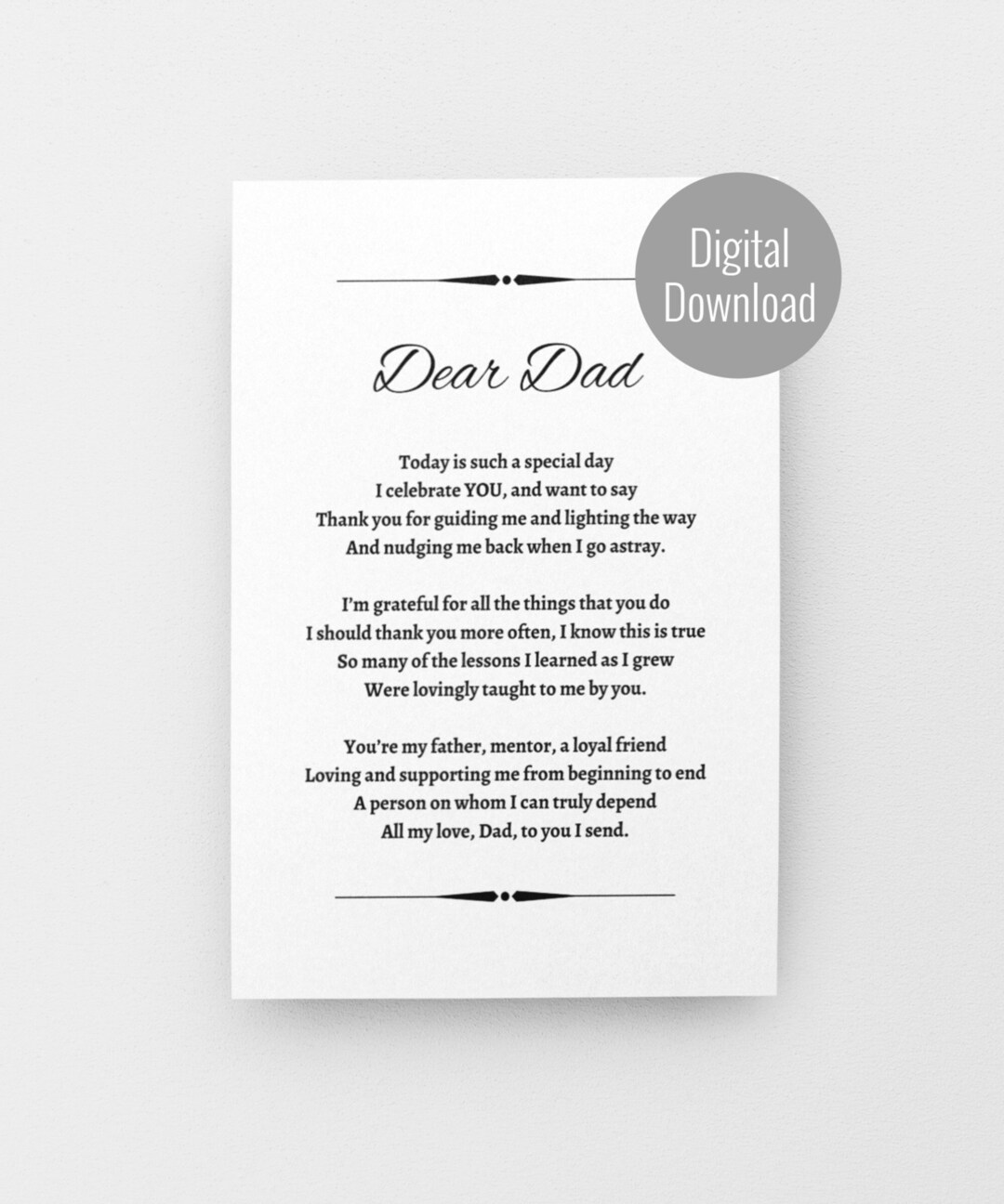 Father Poem Printable Birthday Card, Dad Poem, Happy Birthday Dad ...