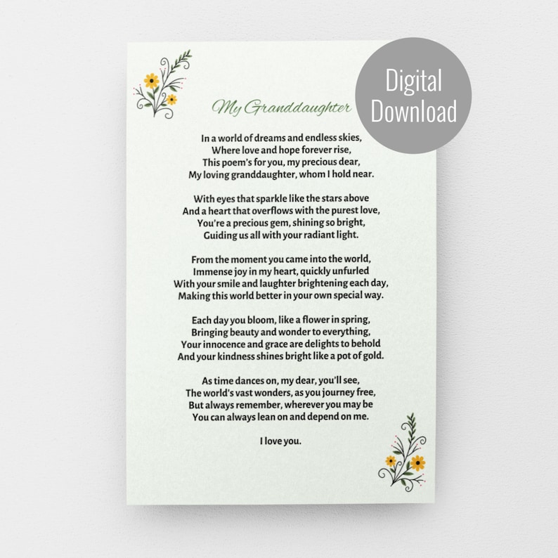 Granddaughter Poem Card, Birthday Poem for My Granddaughter ...