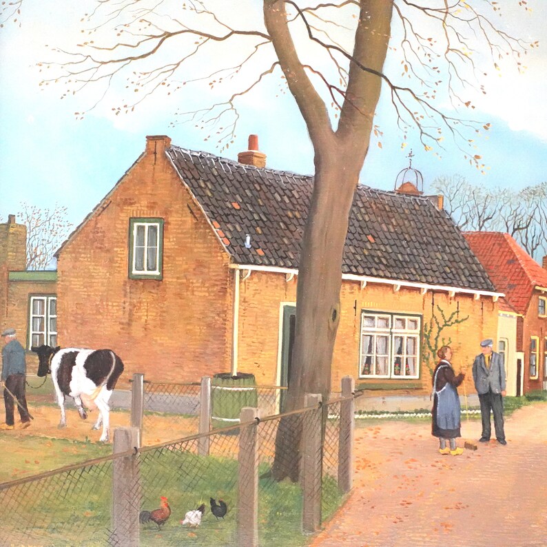 Vintage Oil on Canvas Dutch Village View With Cow, Chickens, Farmers ...