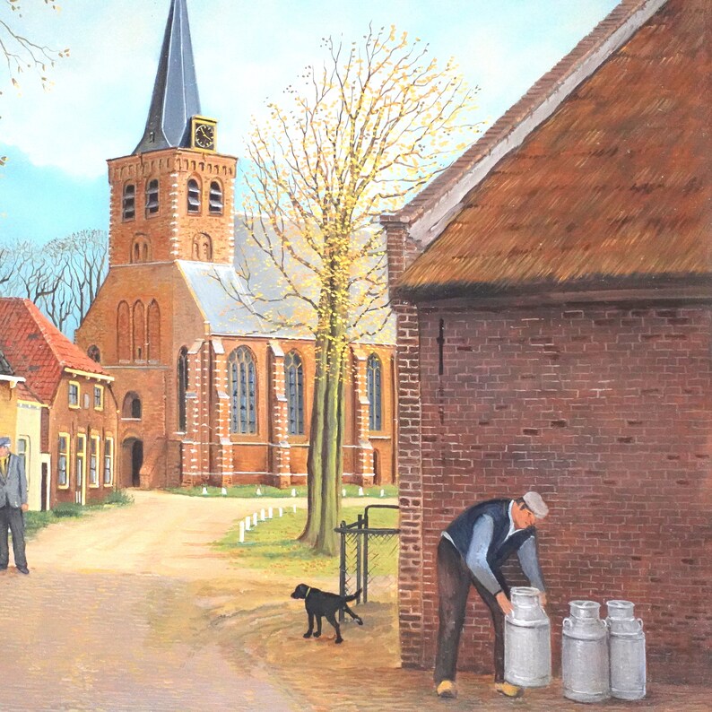 Vintage Oil on Canvas Dutch Village View With Cow, Chickens, Farmers ...