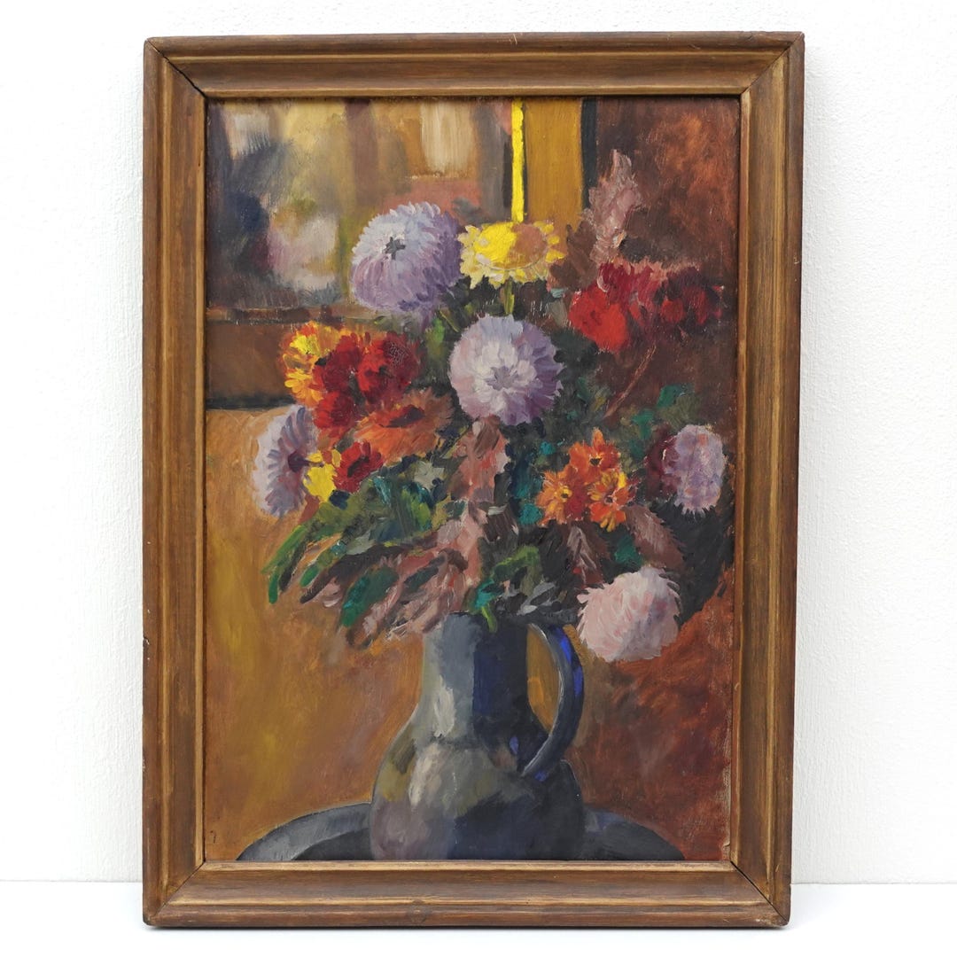 Dutch Floral Still Life Oil Painting Colorful Bouquet 1930s Vintage Flower Art Antique Original ...