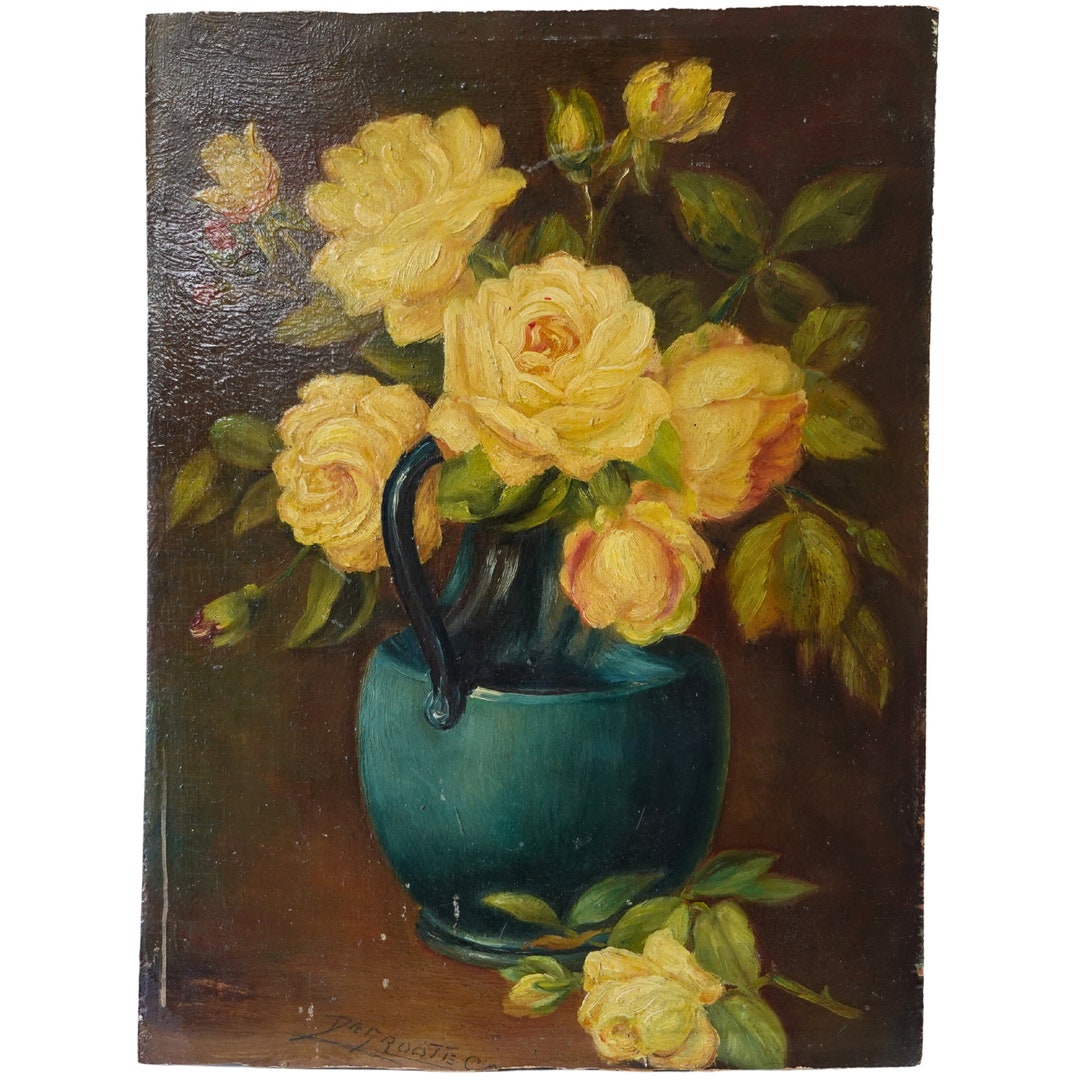 Small Vintage Flower Still Life Painting Oil on Wood Bunch of Roses ...