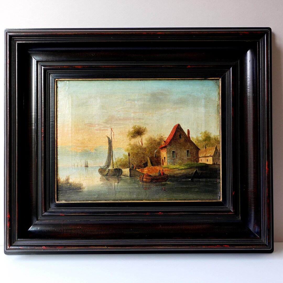 Antique Dutch Seascape Landscape With Boats and Houses Original 18th ...