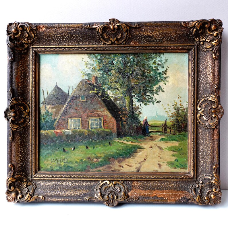 Vintage Dutch Farmhouse Oil Painting: 1930s Landscape Art by Jan ...