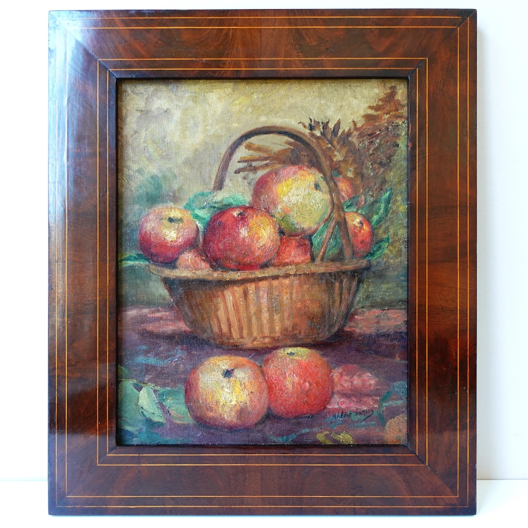 Antique Still Life Oil Painting: Apples in Basket, Signed Hélène Simon ...