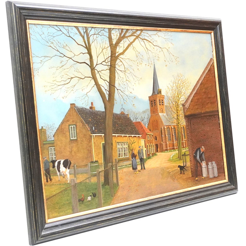 Vintage Oil on Canvas Dutch Village View With Cow, Chickens, Farmers ...