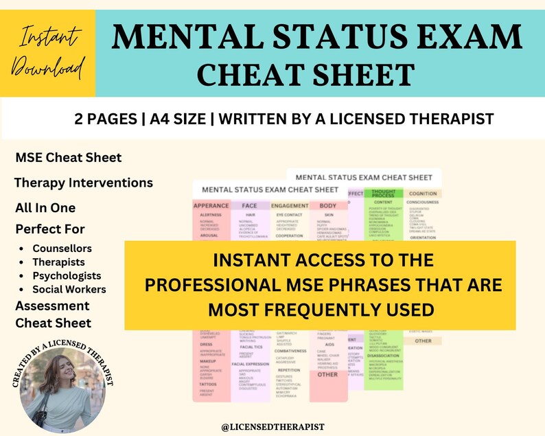 Mental Status Exam (MSE) Cheatsheet, Mental State Examination, Therapy ...