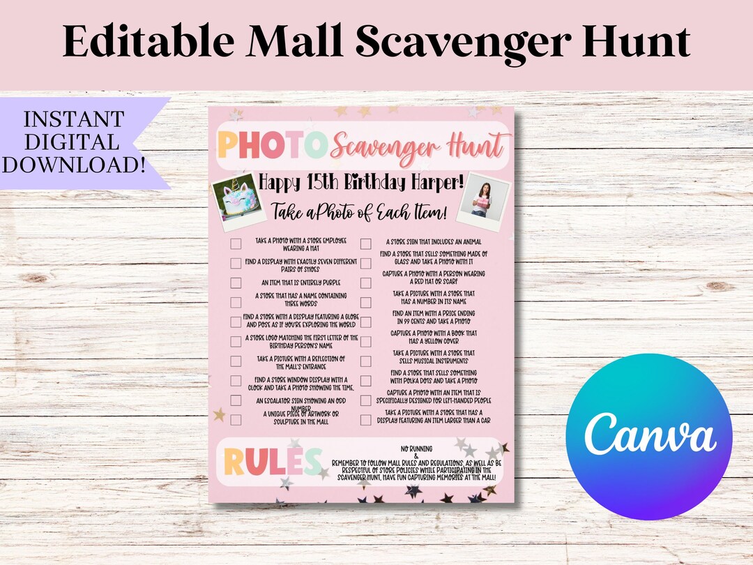 Editable Photo Scavenger Hunt, Birthday Scavenger Hunt for Teens, Mall ...