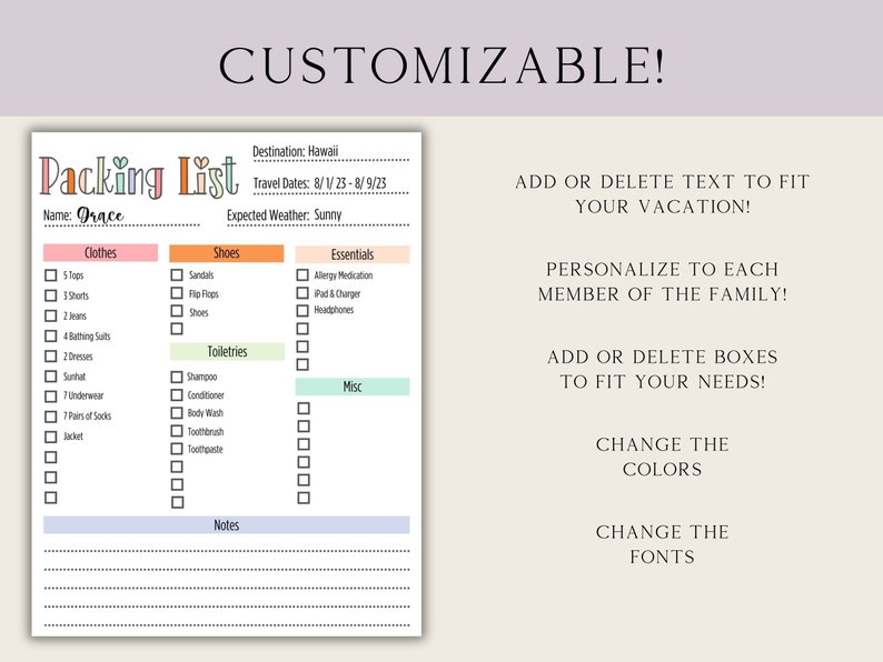 Editable Family Travel Packing List Vacation Packing List - Etsy
