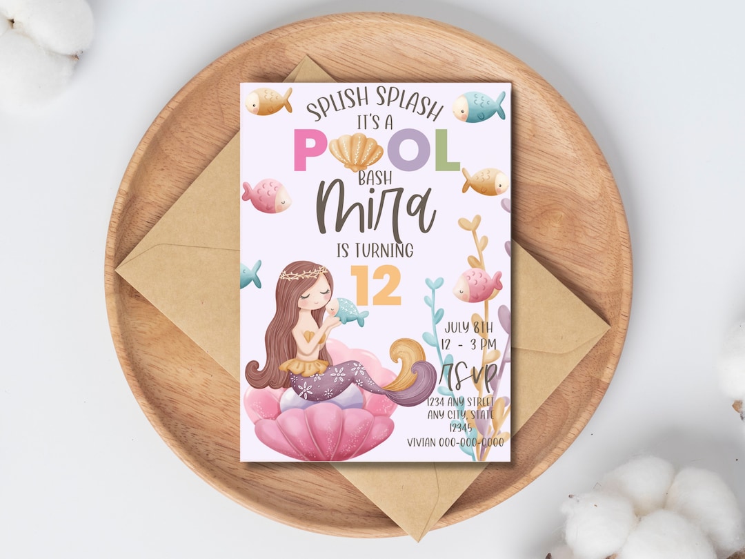 Editable Mermaid Birthday Invitation, Pool Party Invitation, Princess ...