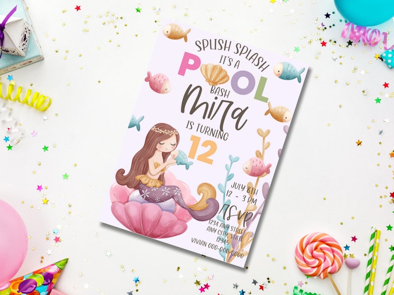 Editable Mermaid Birthday Invitation, Pool Party Invitation, Princess ...