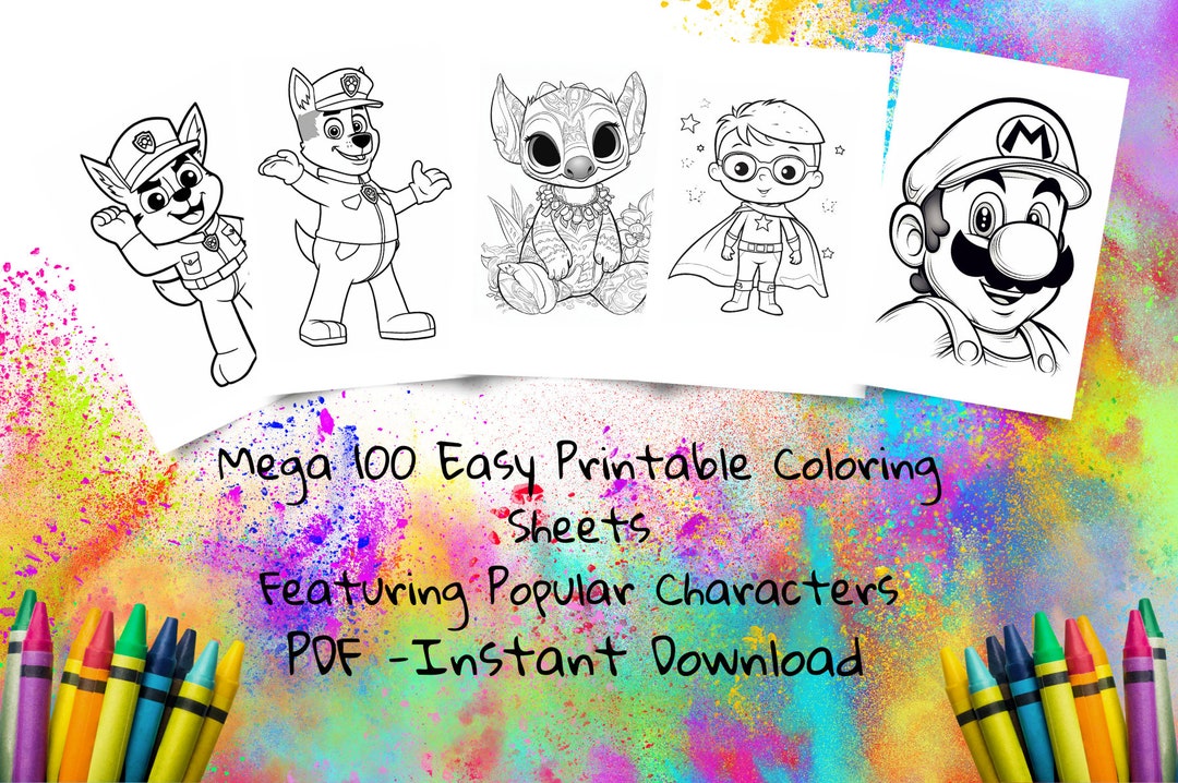 Mega Bundle 100 Coloring Pages for Kids, Popular Characters, A4 Format ...