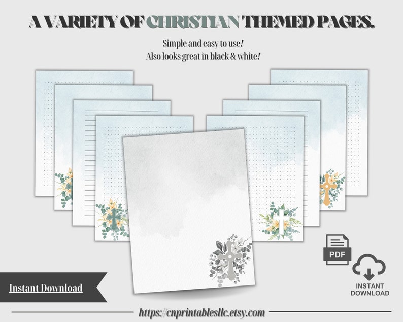 Printable Christian Floral Cross Stationery Paper Set of 9, Letterhead ...