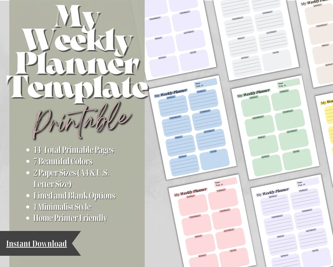 My Weekly Planner Template, Week at a Glance, Printable Organizer, A4 ...