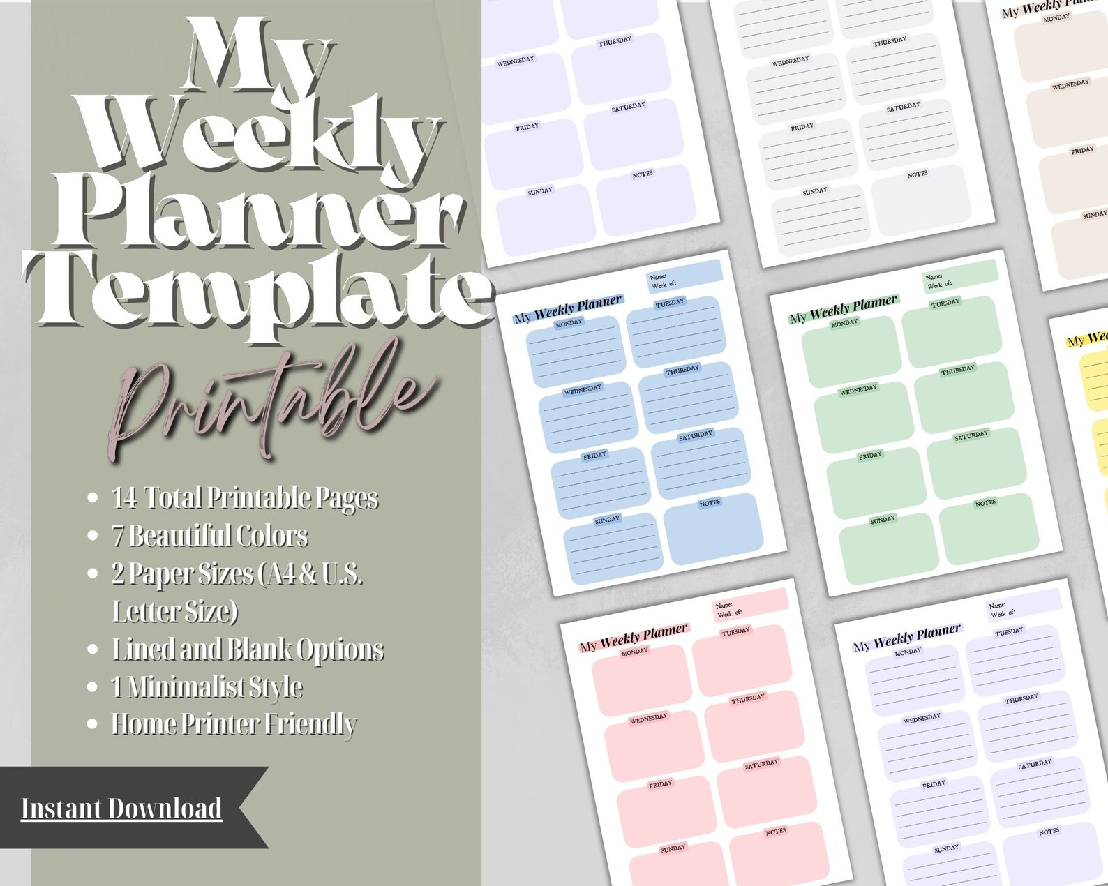My Weekly Planner Template, Week at a Glance, Printable Organizer, A4 ...