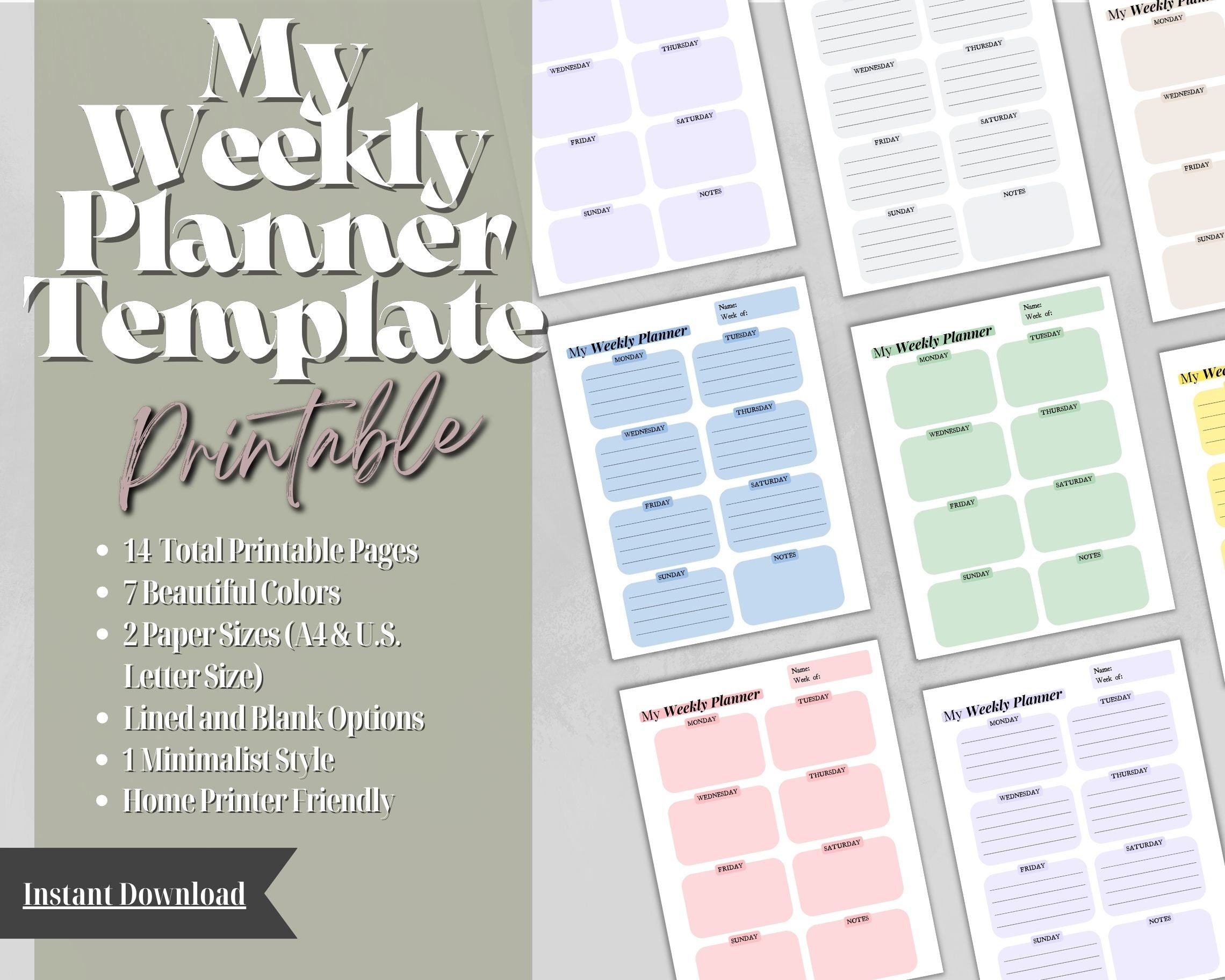 My Weekly Planner Template, Week at a Glance, Printable Organizer, A4 ...