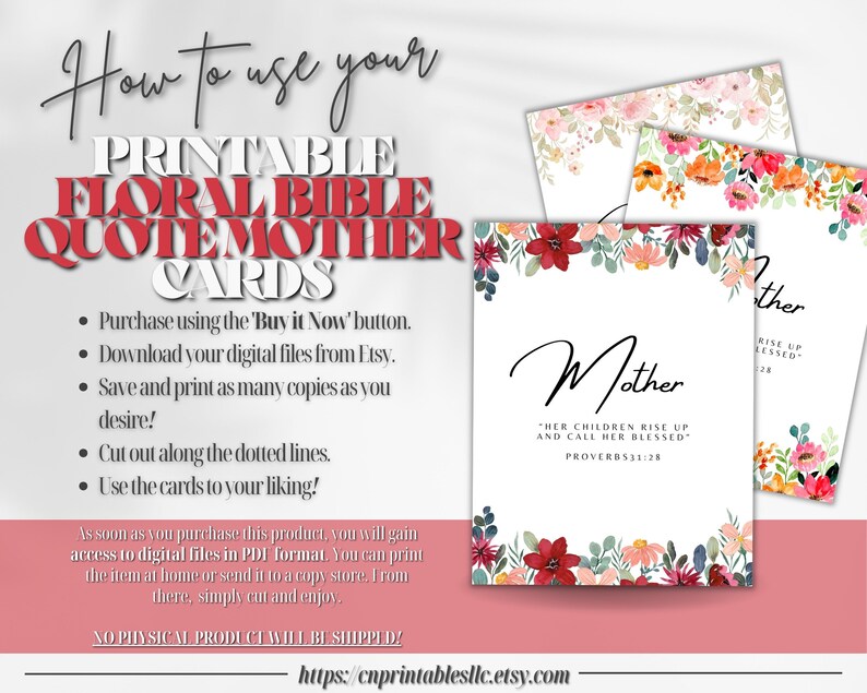 Printable Floral Mother's Day Card Set: Christian Bible Quote (PDF, 5x7 ...
