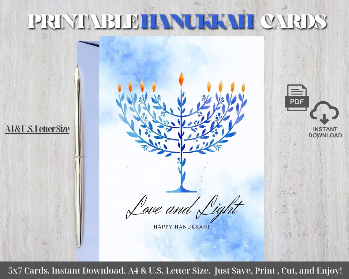 Elegant Hanukkah Card, Printable, Instant Download, Digital File, PDF ...
