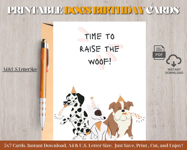 Printable Funny Dog Themed Birthday Greeting Card Set of 3, Instant ...