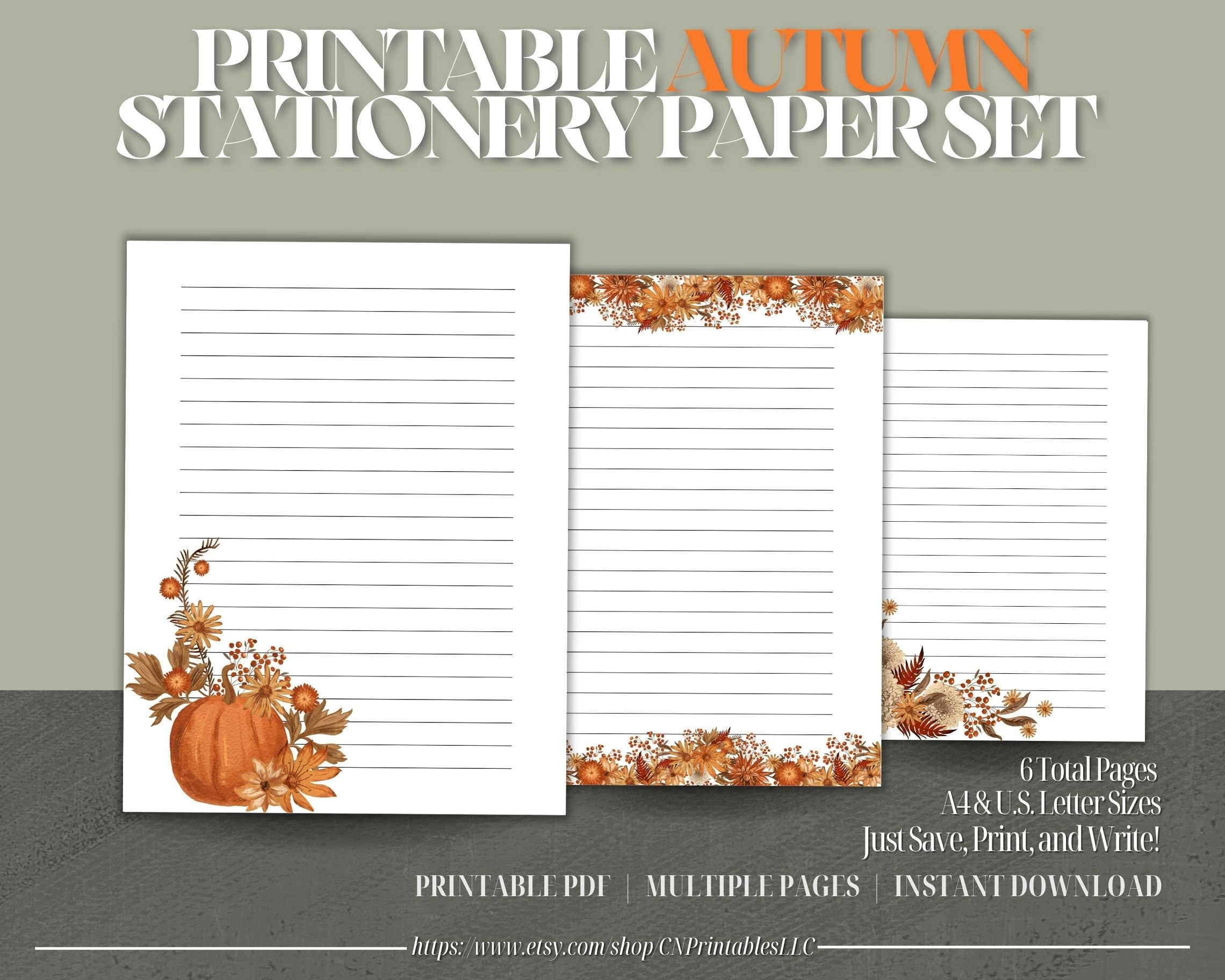 Autumn Stationery Paper Set of 6, Printable, Journal, Fall, Digital ...