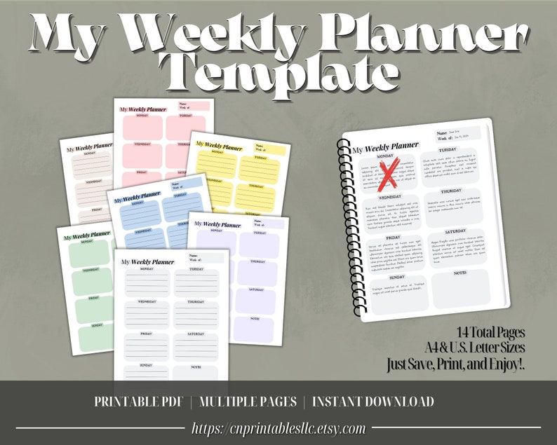 My Weekly Planner Template, Week at a Glance, Printable Organizer, A4 ...