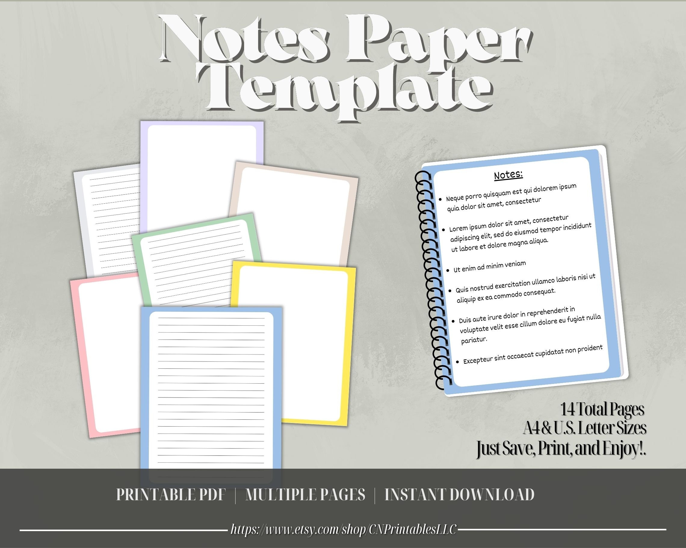 14 Notes Paper Sheets, Template, Printable, Journal, Digital Item ...