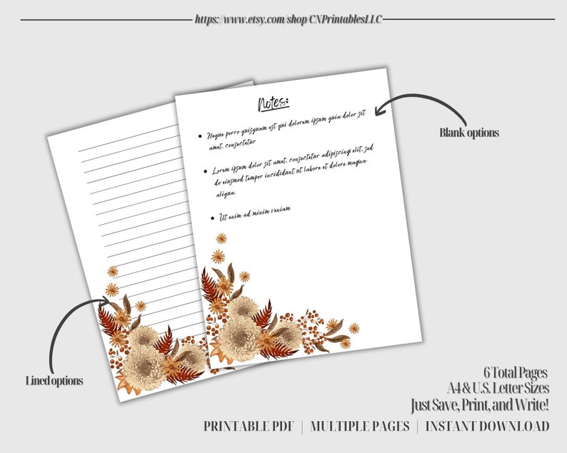 Autumn Stationery Paper Set of 6, Printable, Journal, Fall, Digital ...