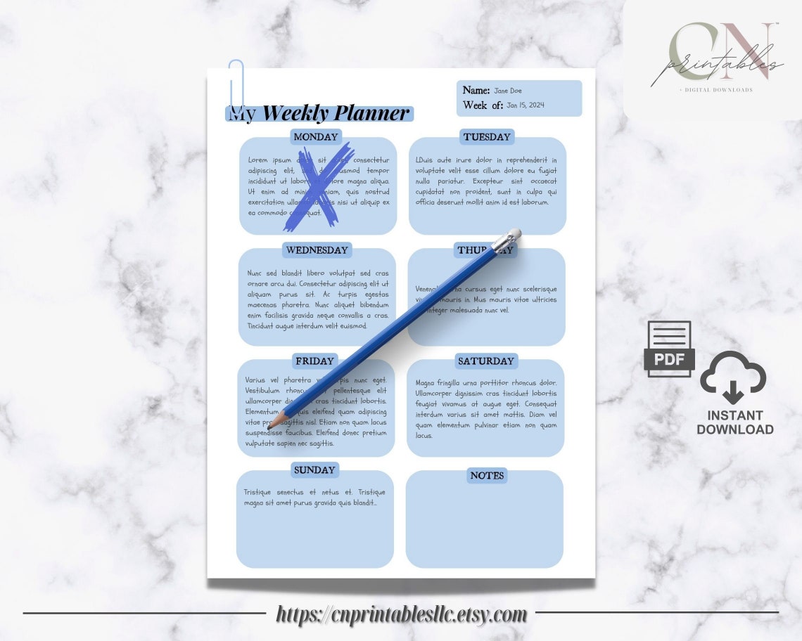 My Weekly Planner Template, Week at a Glance, Printable Organizer, A4 ...