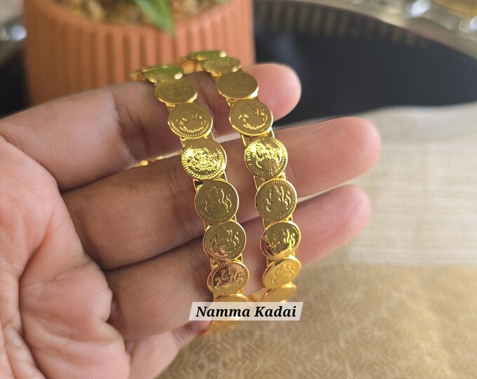 INDIAN Lakshmi BANGLES Kaasu Coin Bangles Pair 2.4,2.6,2.8 Wedding Gold ...