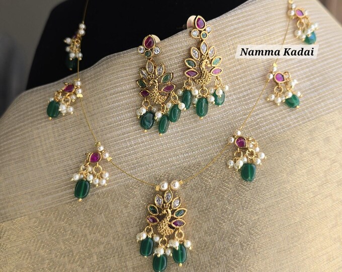 INDIAN INVISIBLE Chain Guttapusalu Pendant Peacock Necklace Traditional ...