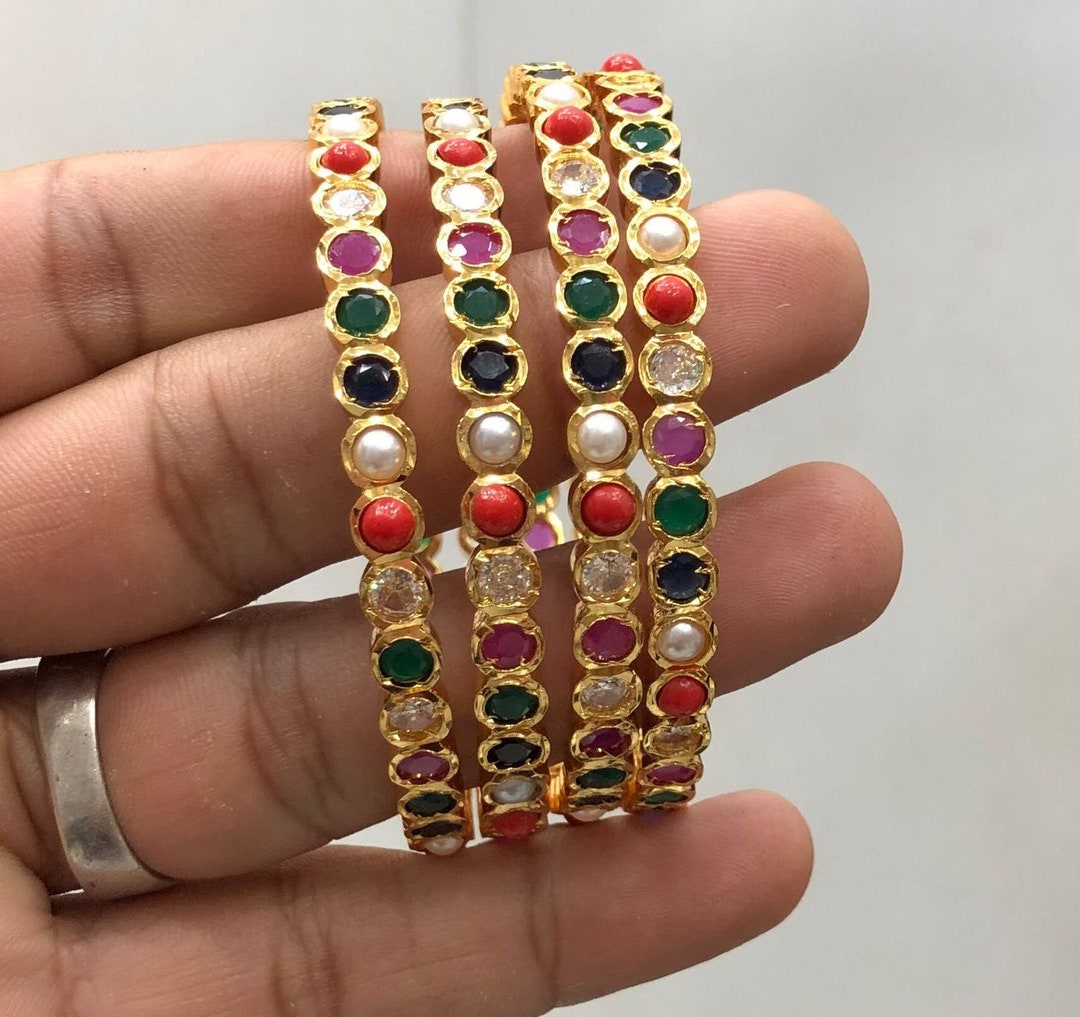 INDIAN BANGLES SIZE 2.6 Navaratna Set of 4 Bangles Indian Wedding Gold ...