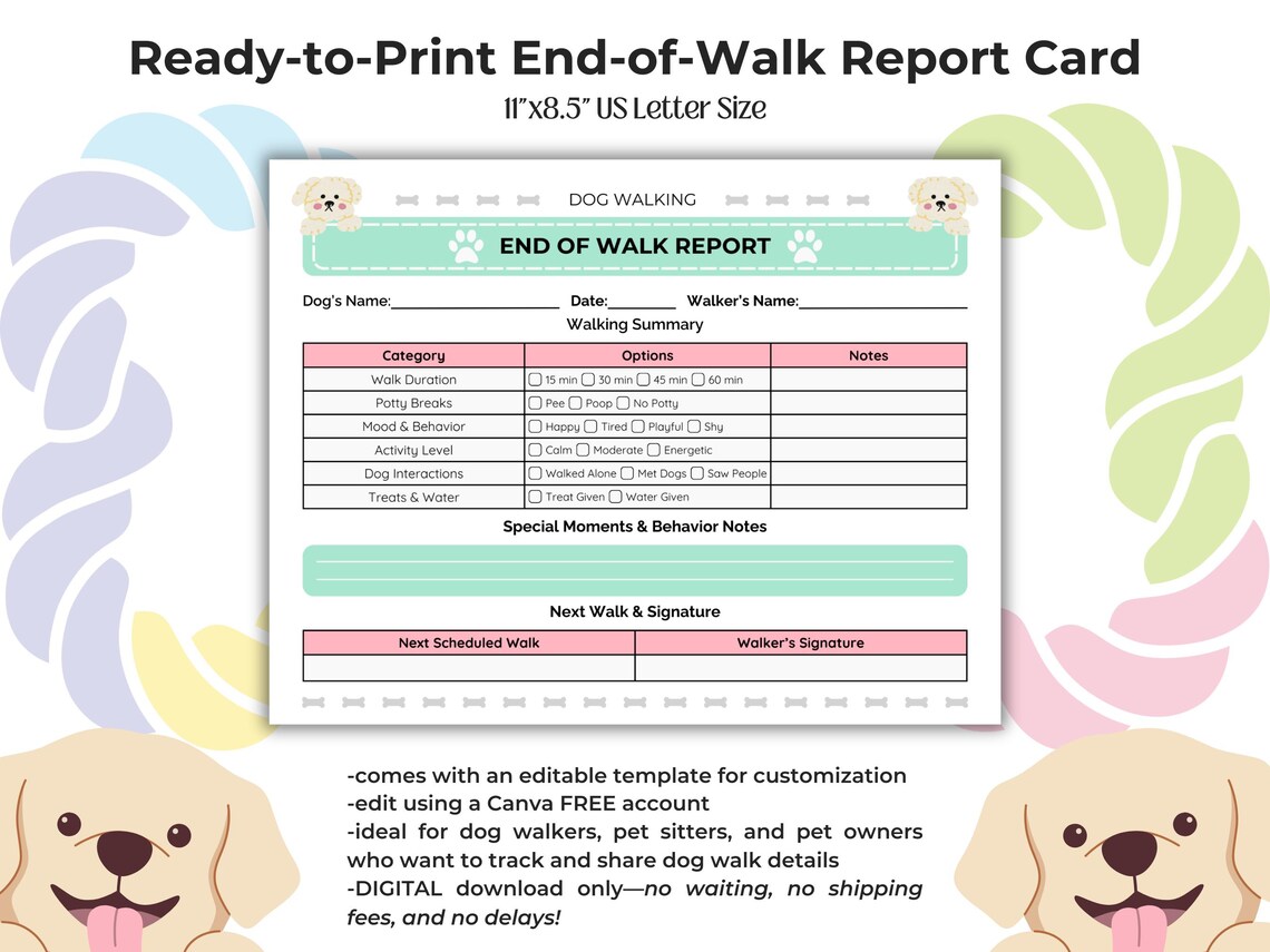 Printable Dog Report Card, Editable Pet Report Card, Dog Walking ...