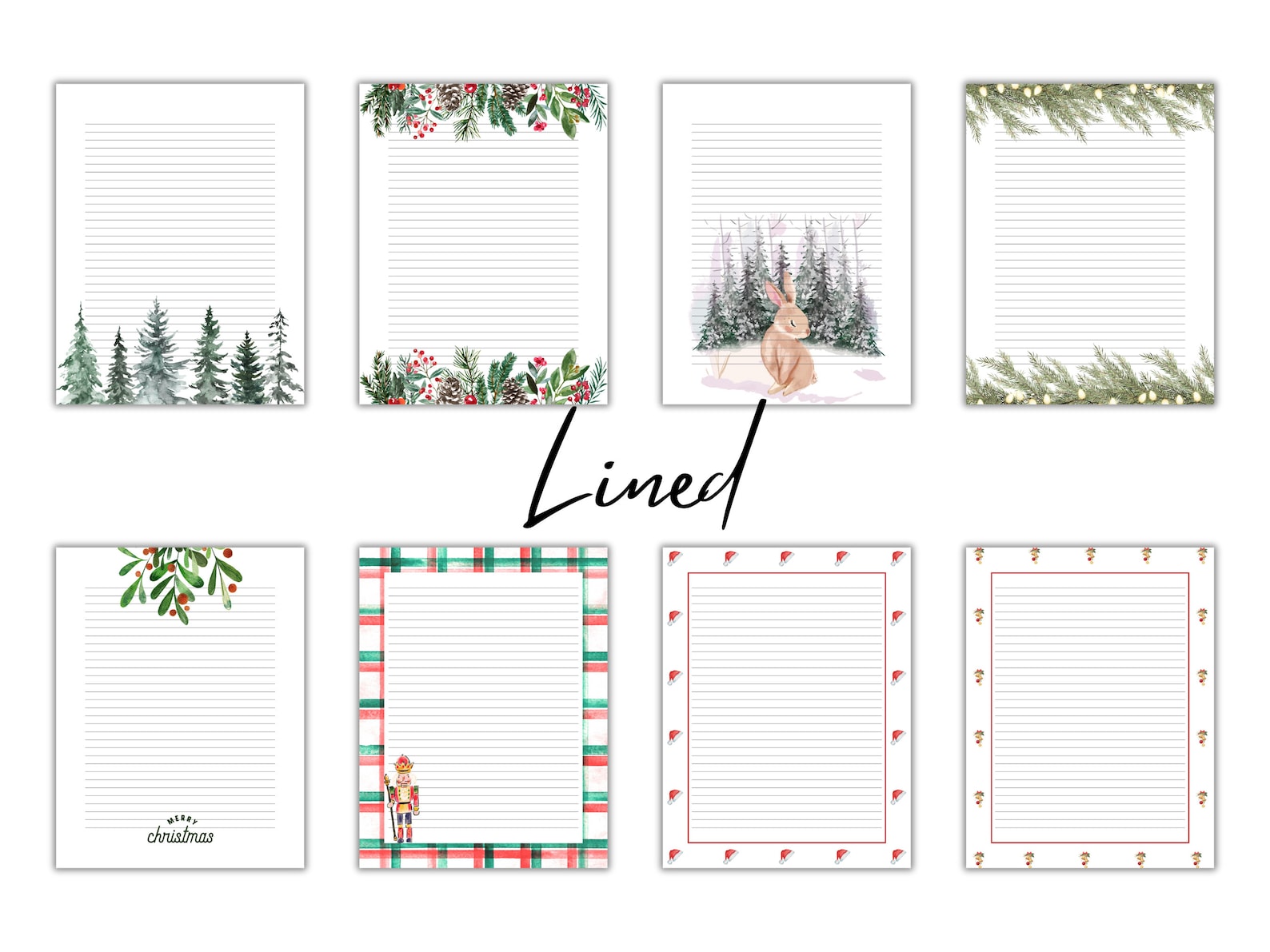 Printable Christmas Writing Paper Set of 8, Christmas Stationery ...