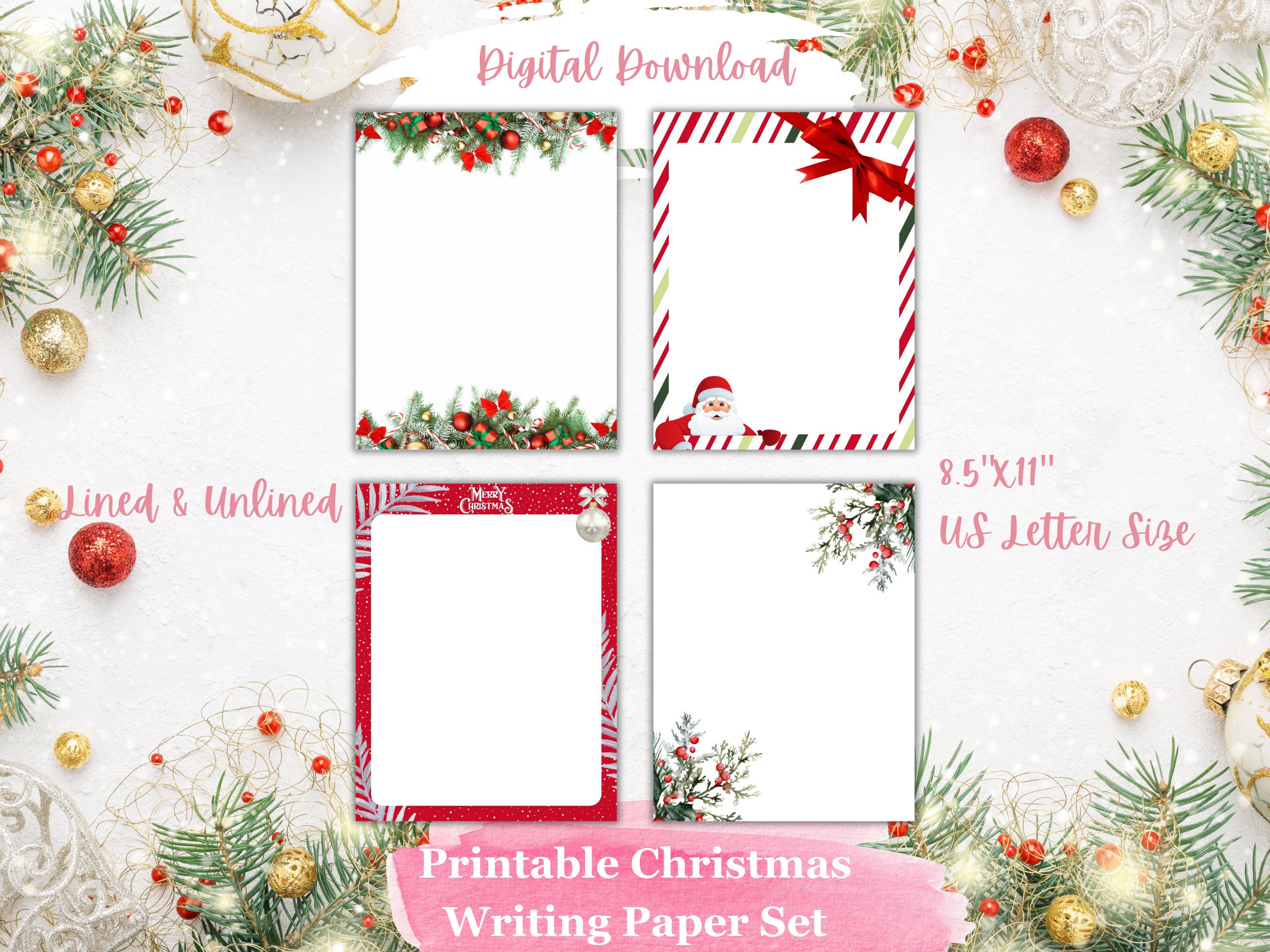 Printable Christmas Writing Paper Set, Christmas Stationery, Christmas ...