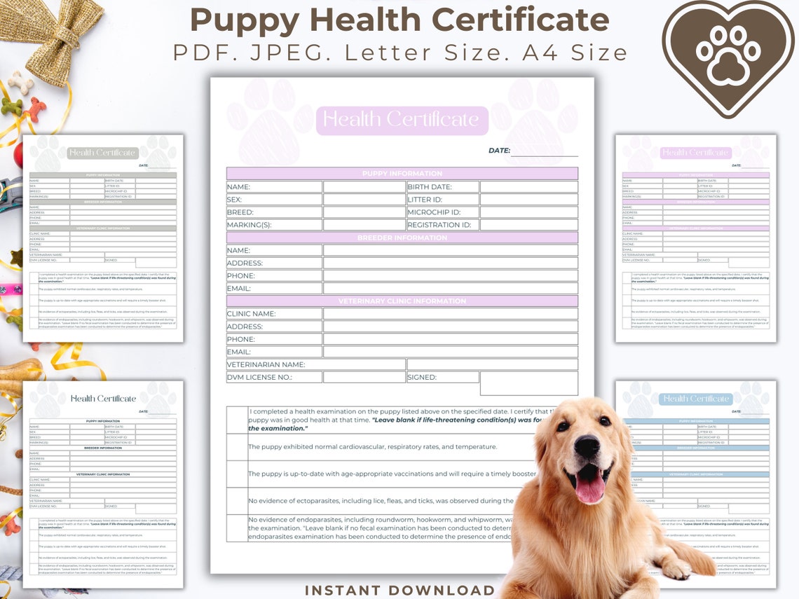 Printable Puppy Health Certificate, Dog Health Certificate, Pet Health Certificate, A4, US ...