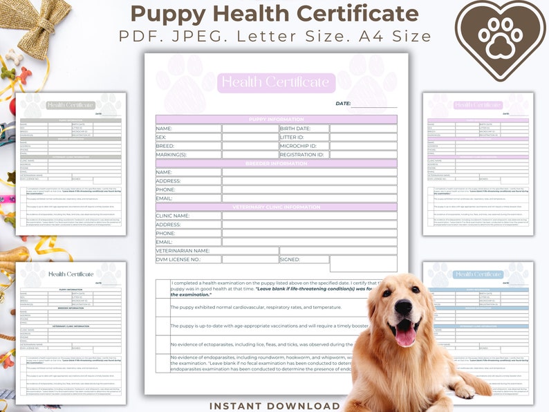Printable Puppy Health Certificate, Dog Health Certificate, Pet Health ...