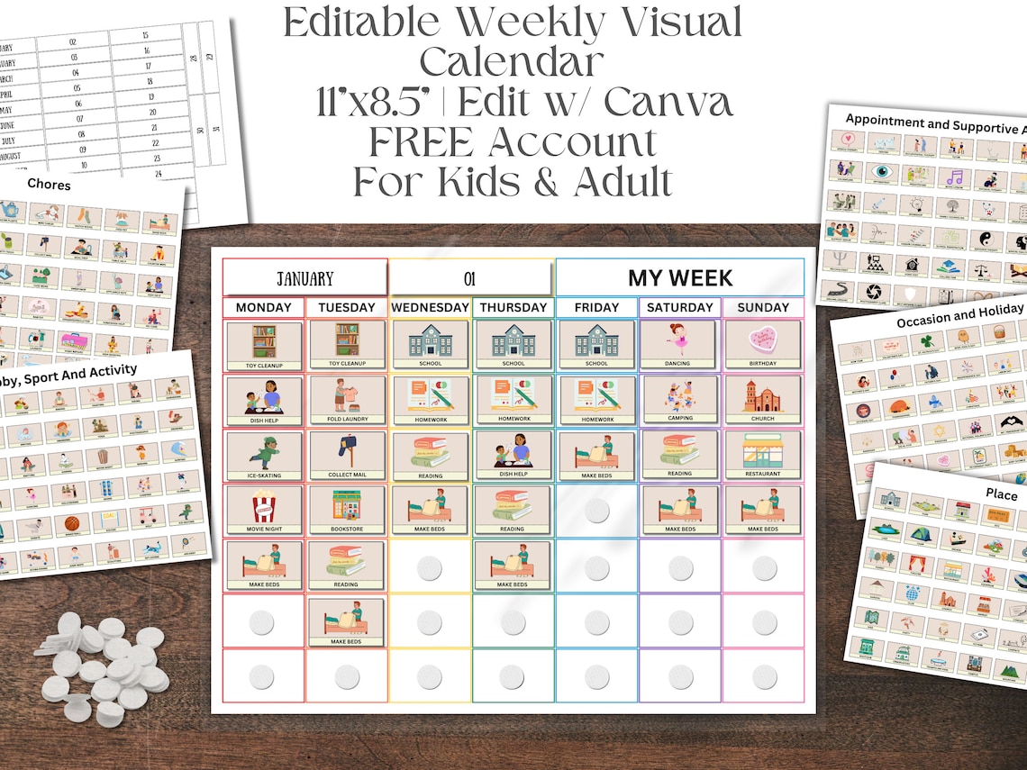 Weekly Visual Calendar, Editable Visual Calendar, Visual Schedule for ...