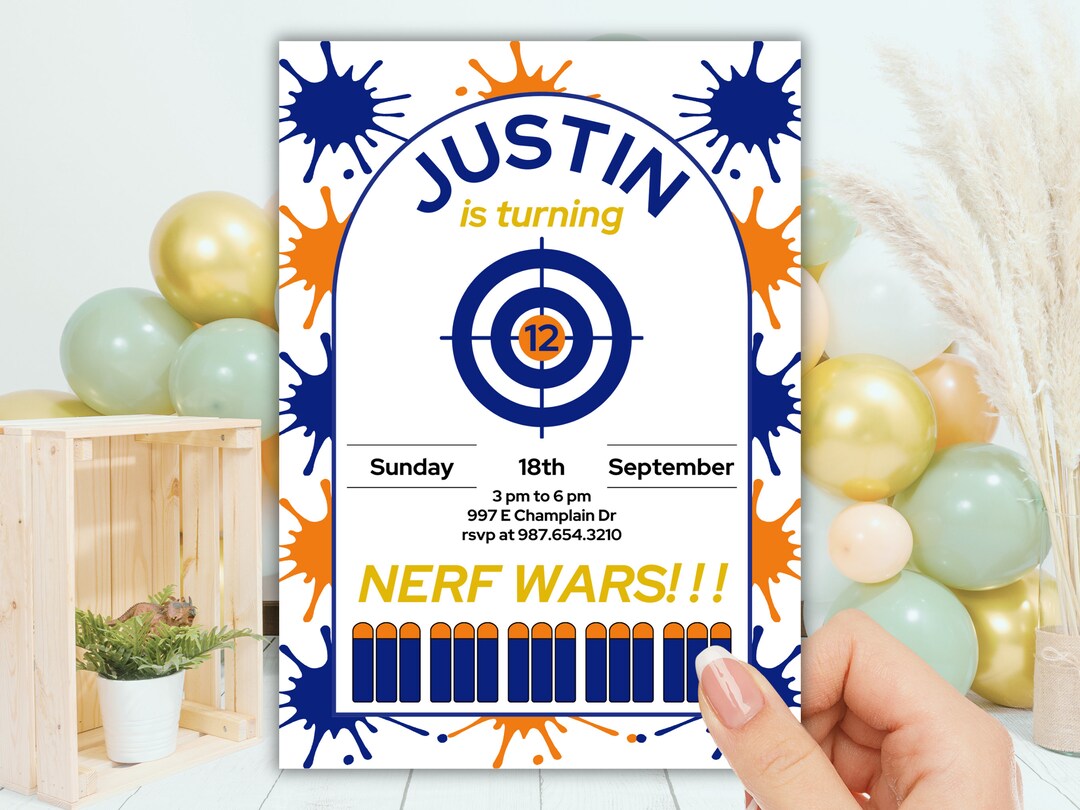 Nerf Birthday Invitation, Nerf War, Dart Gun Battle Editable Birthday ...